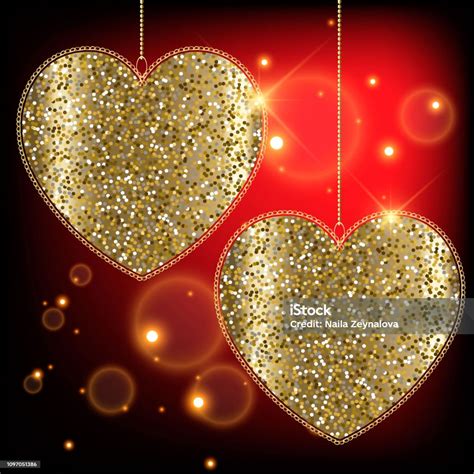 골드 윤기 두 사랑 마음 레이스 프레임 레드 반짝 빛나는 사랑 배경 벡터 일러스트입니다 럭셔리 발렌타인 인사말 카드에 대 한