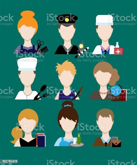 직업 사람들 경찰 의사 요리사 미용사 예술가 교사 웨이터 사업가 비서 얼굴 남자 유니폼입니다 평면 디자인에 아바타입니다 벡터 군복에 대한 스톡 벡터 아트 및 기타 이미지