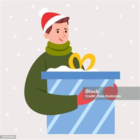 산타 모자를 쓴 남자가 큰 선물을 들고 있다 새해 분위기 겨울 옷 크리스마스 전에 쇼핑 12월에 대한 스톡 벡터 아트 및 기타 이미지 Istock