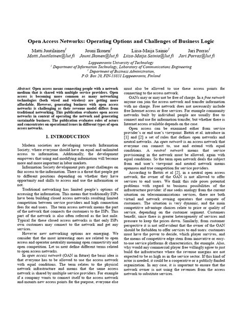 Open Access Networks Operating Options And Challenges Of Business Logic Pdf