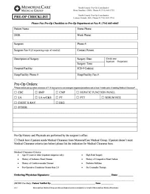 Preopchecklist6 8 12 Doc Memorialcare Fill And Sign Printable
