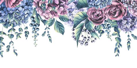 수국 꽃 유칼립투스 가지 장미 및 장식 열매 가로 배너입니다 웨딩 플라워 컬렉션의 수채화 삽화 디자인과 장식용 3월에 대한 스톡