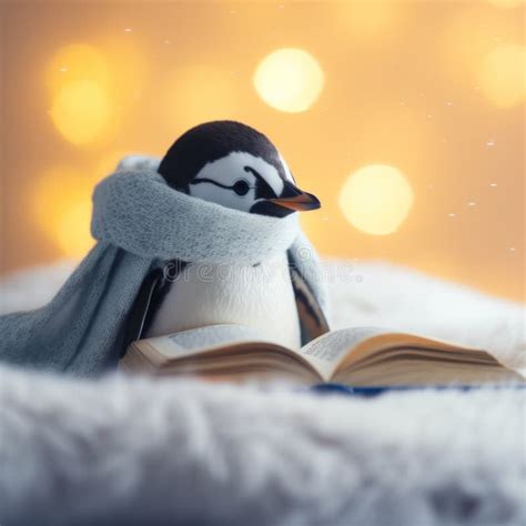 A Penguin Is Reading A Book While Wearing A Scarf Ai Generative Image Stock Illustration