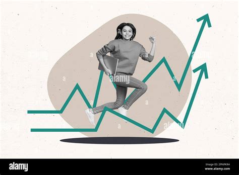 Creative Collage Image Of Black White Colors Excited Girl Hold Netbook Run Rush Growing Arrows