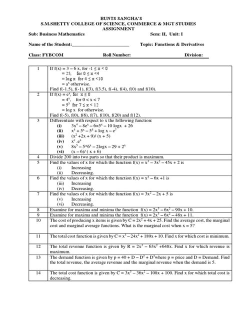 Fybcom Sem Ii Functions And Derivative Pdf Maxima And Minima Calculus