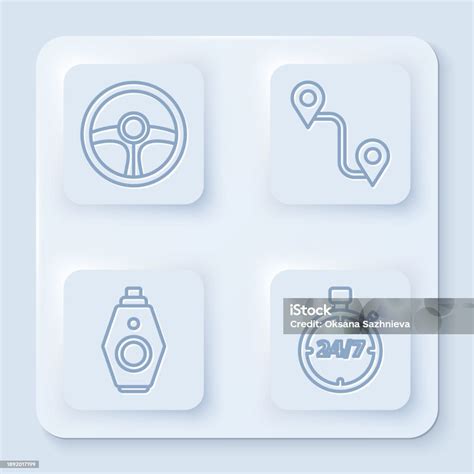 라인 스티어링 휠 경로 위치 리모컨 및 스톱워치가 있는 자동차 키 24시간 설정 흰색 사각형 버튼입니다 벡터 24에 대한 스톡 벡터 아트 및 기타 이미지 Istock