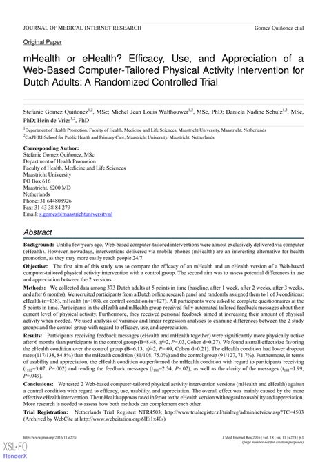 Pdf Mhealth Or Ehealth Efficacy Use And Appreciation Of A Web Based Computer Tailored