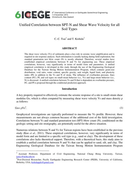 Pdf Unified Correlation Between Spt N And Shear Wave Velocity For All