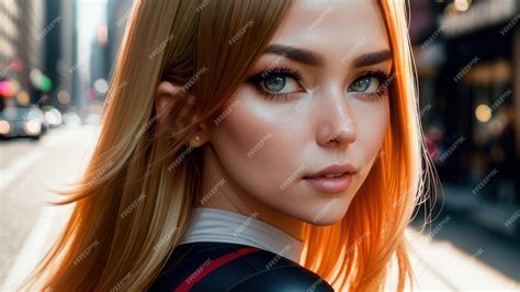 Premium Ai Image A Woman With Long Hair And A Blue Eyes Looks Into The Camera