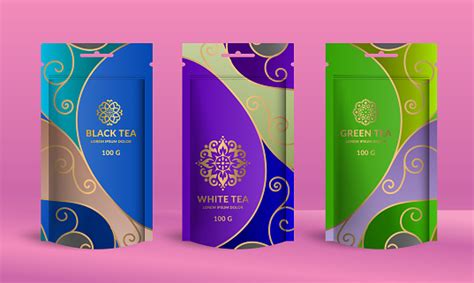 지퍼 파우치 백 모형을 사용한 차 포장 디자인 벡터 장식 템플릿입니다 우아하고 고전적인 요소 음식 음료 및 기타 패키지 유형에 적합합니다 배경 과 벽지에 사용할 수 있습니다