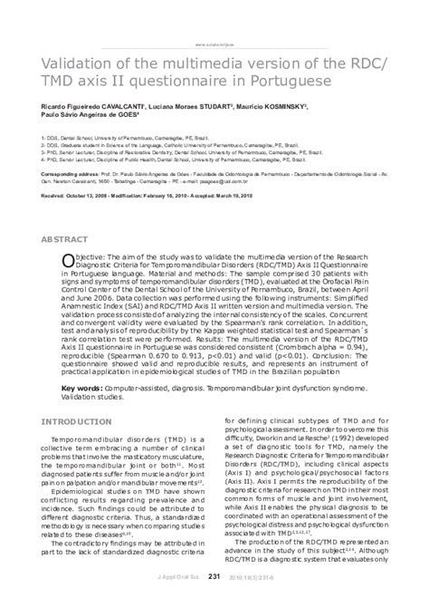 Pdf Validation Of The Multimedia Version Of The Rdc Tmd Axis Ii