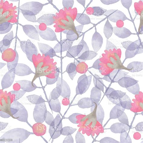 꽃 장식과 매끄러운 패턴입니다 배경 종이와 직물에 인쇄하기 위한 디자인을 위한 래스터 그림 분홍색 수채화 꽃과 라일락 잎은 흰색 배경에 있습니다 0명에 대한 스톡 벡터 아트