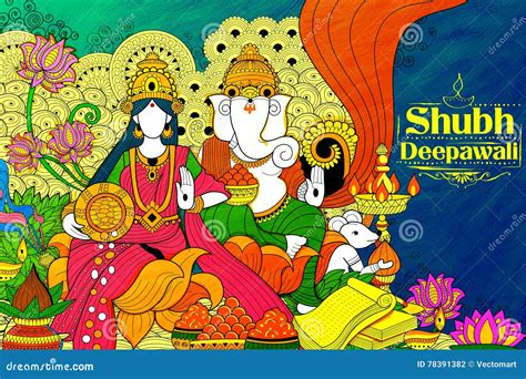 Goddess Lakshmi And Lord Ganesha On Happy Diwali Holiday Doodle Background For Light Festival Of
