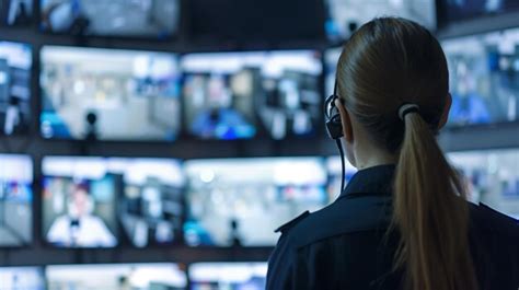 Surveillance Operator Monitoring Multiple Security Feeds In Control Room During Late Night Shift