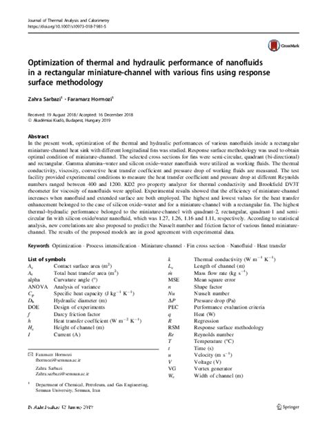 Pdf Optimization Of Thermal And Hydraulic Performance Of Nanofluids In A Rectangular Miniature