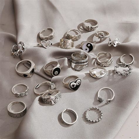 Vintage Silver Open Punk Rings For Men Women 24pcs Adjustable Rings