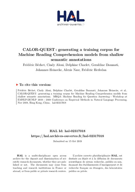 Pdf Calor Quest Generating A Training Corpus For Machine Reading Comprehension Models From