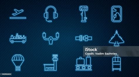세트 라인 여행 가방 제트 전투기 항공기 조타 장치 공항 수하물 견인 트럭 비행기 이륙 안전 벨트 및 마이크 아이콘이있는 헤드폰