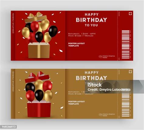 티켓 벡터 템플릿 레이아웃 세트 생일 축하합니다 선물 상자 검정 금색 빨간색 풍선이 있는 축제 삽화 개념에 대한 스톡 벡터 아트 및 기타 이미지 Istock
