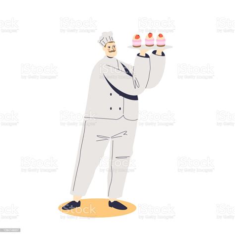 휴일 행사를 위해 신선한 딸기로 장식 된 컵 케이크와 함께 트레이를 들고 있는 남성 과자 케이크 만드는 사람에 대한 스톡 벡터 아트 및 기타 이미지 케이크 만드는 사람