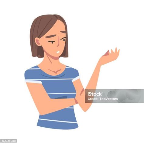 소녀 생각과 제스처 호기심 얼굴 표현 만화 벡터 일러스트와 사려 깊은 사람의 초상화 가공의 인물에 대한 스톡 벡터 아트 및 기타