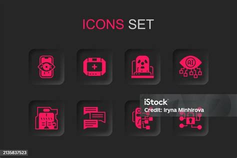 말풍선 채팅 구급 상자 컴퓨터 비전 휴머노이드 로봇 사이버 보안 방사능 경고등 및 미래형 슬라이딩 도어 아이콘을 설정합니다 벡터 Brand Name Online