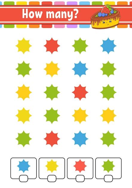 어린이를 위한 숫자 세기 게임 행복한 캐릭터 수학 학습 그림에 있는 개체 수 교육 워크시트 프리미엄 벡터