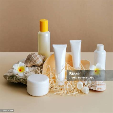 돌 받침대 베이지 색 배경에 바다 껍질스킨케어용 뷰티 화장품 구성 열대 꽃 광장천연 크림 화장품 병 튜브 모형 0명에 대한 스톡 사진 및 기타 이미지 Istock