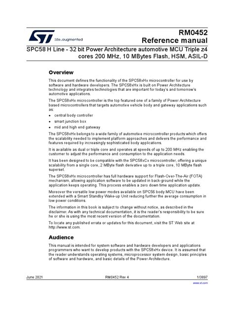 Rm0452 Spc58 H Line 32 Bit Power Architecture Automotive Mcu Triple Z4 Cores 200 Mhz 10 Mbytes