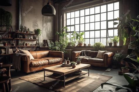 로프트 인더스트리얼 거실 인테리어 파노라마 창문 가죽 소파 홈 플랜트 Ai Generative 프리미엄 사진