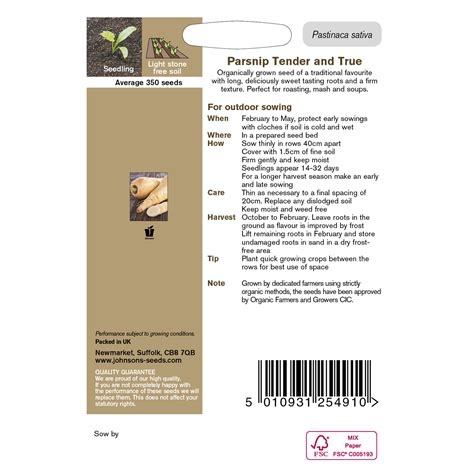 Johnsons Organic Tender And True Parsnip Seeds Wilko