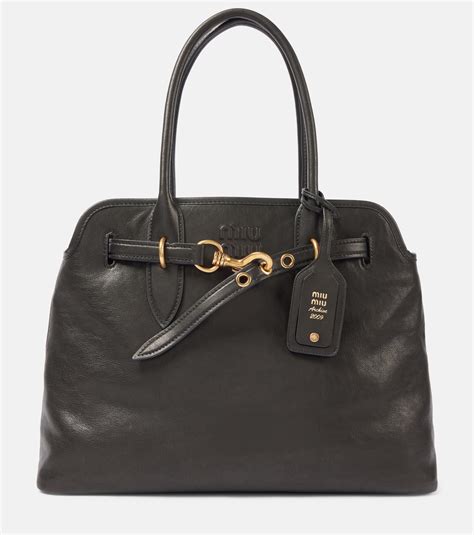 Aventure Large Leather Tote Bag In Black Miu Miu Mytheresa