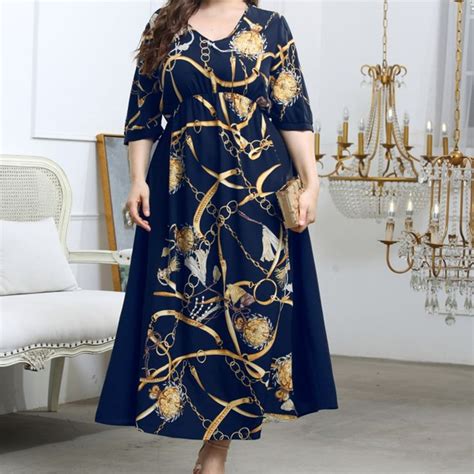 Plus Size Elegant Maxi Dress Belly Covering V Neck Elastic Waist Print