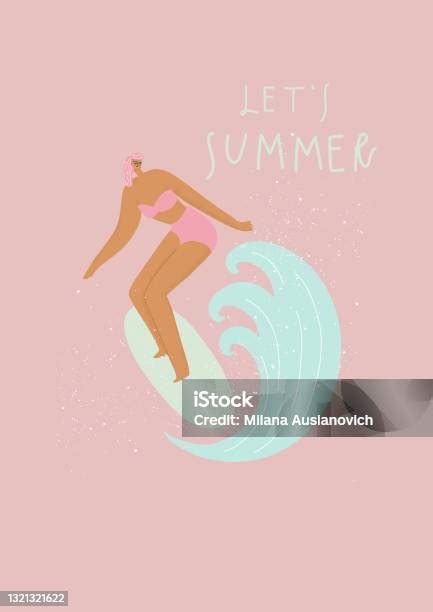 서핑 보드에 수영복을 입은 여성 필기 인용문 여름을 보자 벡터 일러스트레이션 계절에 대한 스톡 벡터 아트 및 기타 이미지 계절 그래픽 프린트 낮 Istock