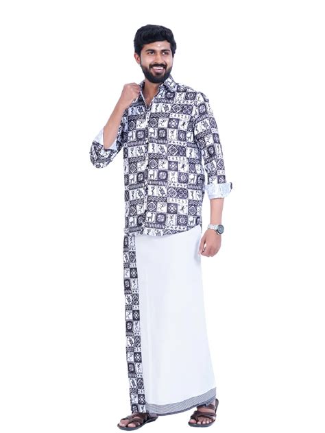Onam Set Readymade Blackandwhite Printed Full Sleeve Shirt With Matching