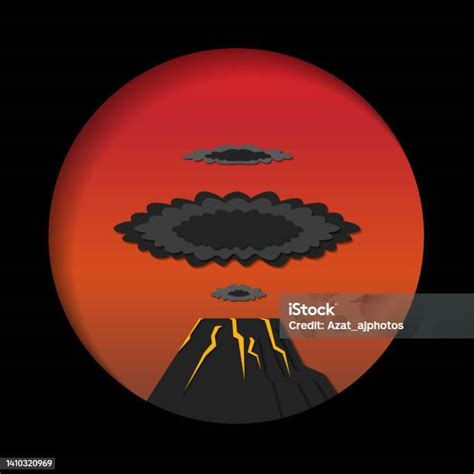 종이 컷 스타일의 엽서의 벡터 일러스트레이션 일몰 하늘의 배경에 화산 분출 The Nature Conservancy에 대한 스톡 벡터 아트 및 기타 이미지 The