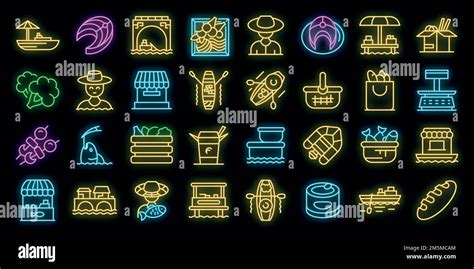 Floating Market Icons Set Outline Set Of Floating Market Vector Icons Neon Color On Black Stock