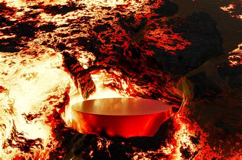 3d 렌더링 플랫폼 및 제품 전시를위한 마그마와 용암 분출 배경이있는 화산의 자연 연단 빈 쇼케이스 빈 둥근 무대가있는 모의 템플릿 또는 화장품 프리젠 테이션 강단에 대한