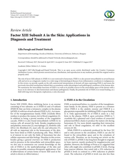 Pdf Factor Xiii Subunit A In The Skin Applications In Diagnosis And