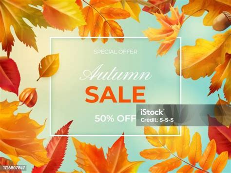 현실적인 가을 세일 단풍 시즌 쇼핑 배너 브로셔 템플릿 9월 10월 또는 추수감사절 주말 개념에 대한 계절 제안 잎 정확한 벡터 그림 10월에 대한 스톡 벡터 아트 및 기타