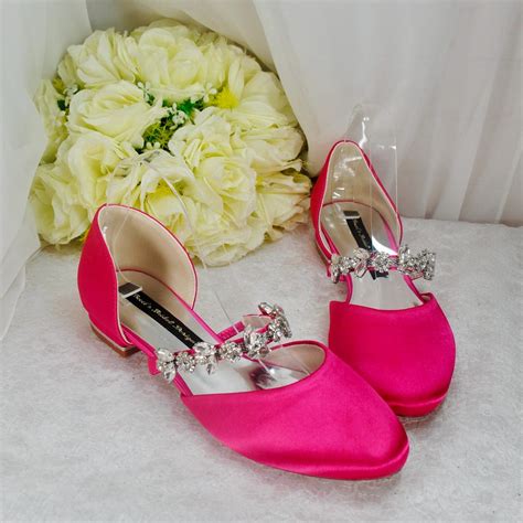 Hot Pink Satin Bridal Shoes Custom Colour Crystal Strap Flat Wedding
