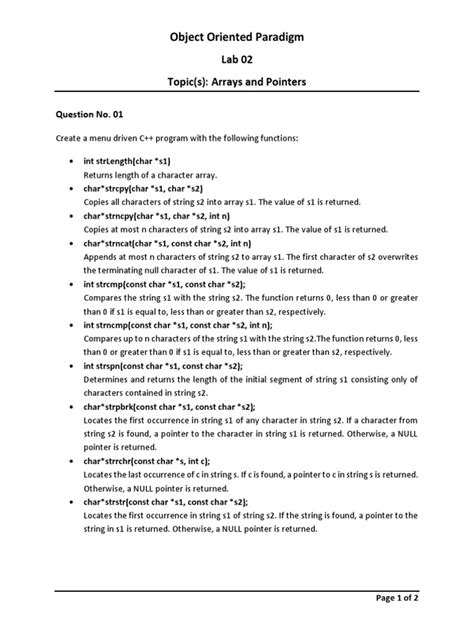 Object Oriented Paradigm Lab 02 Topics Arrays And Pointers Pdf
