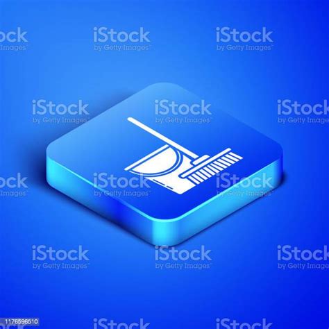 파란색 배경에 격리된 등각칭 걸레 및 버킷 아이콘입니다 청소 서비스 개념입니다 파란색 사각형 버튼입니다 벡터 일러스트레이션 가사 집안일에 대한 스톡 벡터 아트 및 기타