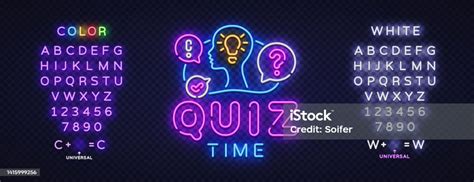 퀴즈 시간 네온 사인 벡터 퀴즈 디자인 템플릿 네온 사인 라이트 배너 네온 간판 야간 밝은 광고 가벼운 비문 벡터 일러스트 레이 션 Led 조명에 대한 스톡 벡터 아트 및