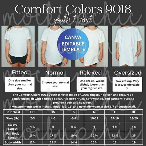 Youth C9018 Comfort Colors Size Chart Editable Comfortcolors 9018