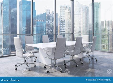 Panoramic Conference Room In Modern Office In Singapore White Chairs And A White Table Stock