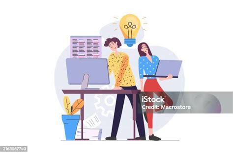 Konsep Programmer Dalam Desain Datar Modern Untuk Web Tim Pengembang Bekerja Dengan Kode Di