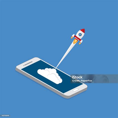 응용 프로그램 실행입니다 시작 벡터 개념 평면 만화 로켓 이나 우주선 발사 휴대폰 또는 스마트폰 성공적인 비즈니스 프로젝트 시작