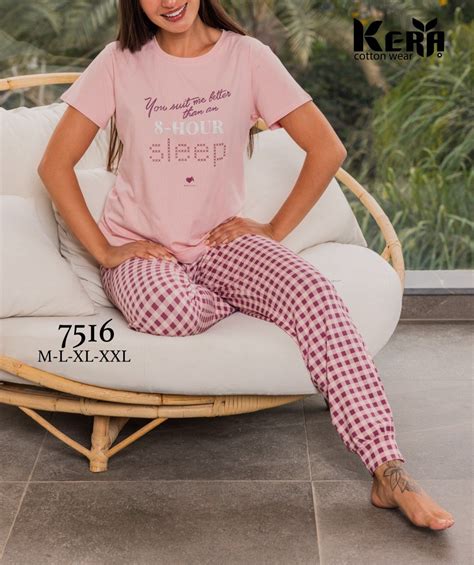 بيجاما حريمي قطن بـ بنطلون كاروهات من كيرا 7516 Pyjamty Pyjamty
