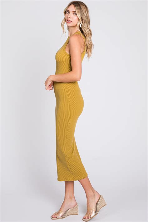 Mustard Ribbed Fitted Midi Dress Pinkblush